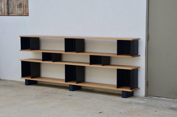 Low Horizontal Matte Black and Polished Oak Shelving Unit by Atelier Cabanel