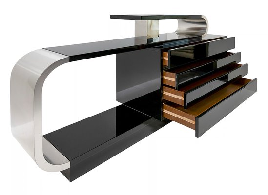 Mid Century Asymmetric Black and Chrome Sideboard attributed to Pierre Cardin 1970s