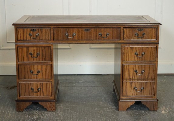 Vintage Oak Pedestal Desk with Brown Leather Top