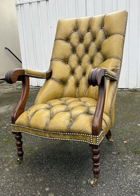 Leather button back armchair store