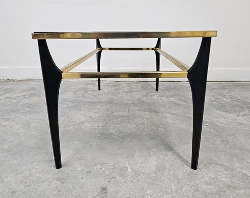 Mid Century Modern Coffee Table in Gold Plated Steel and Smoked Glass 1950s for sale at Pamono