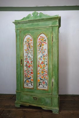 Vintage Painted Pine Wardrobe Cupboard with Inlaid Chinoiserie 1920