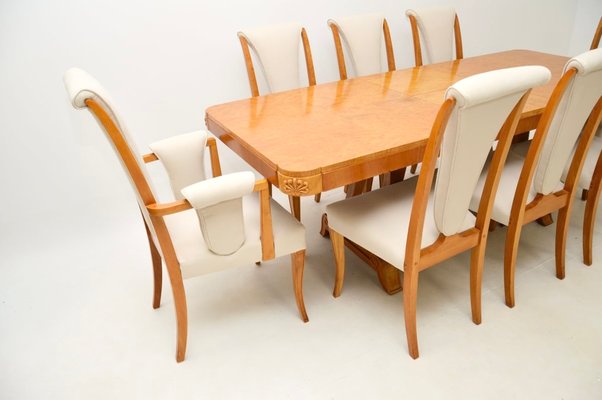 Art Deco Burr Walnut Dining Table and Chairs from Hille 1920s Set of 9