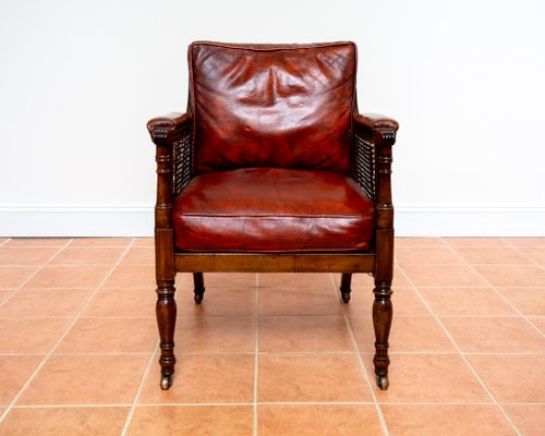 Georgian Regency Bergere Library Chair in Leather and Cane Rattan 1810s 1820s