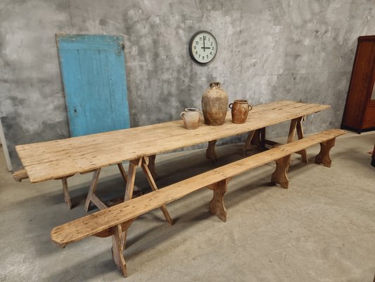 French Country Style Garden Table and Benches 1930s Set of 3