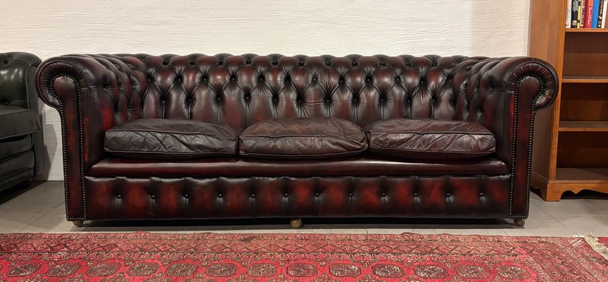 Chesterfield 3 Seater Sofa in Oxblood Red Leather with Castor Wheels 1950s for sale at Pamono