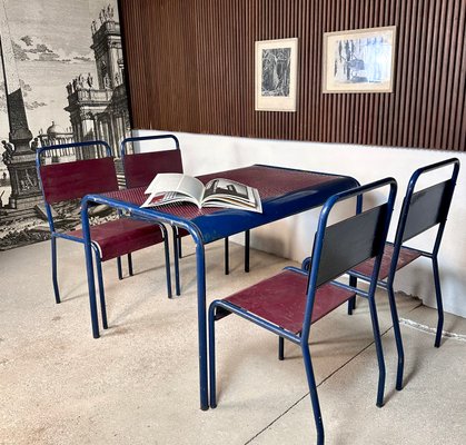 Industrial Tubular Steel Dining Chairs and Table 1940s Set of 5 for sale at Pamono