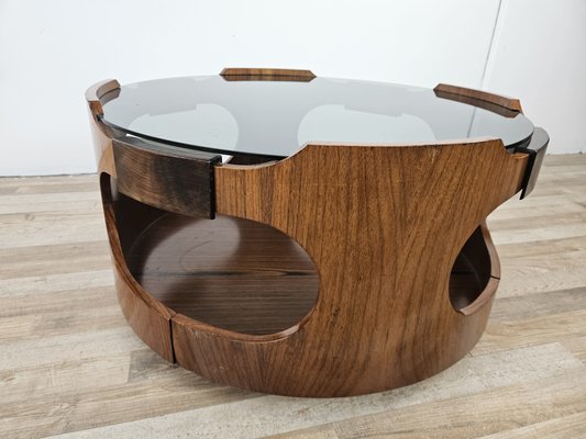 Vintage Round Teak and Walnut Coffee Table with Smoked Glass Top and Wheels 1970s for sale at Pamono