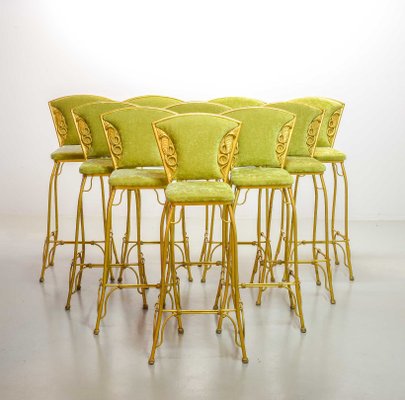 Gilded Cobra Bar Stools with Fresh Lime Green Velvet Upholstery 1970s Set of 10 for sale at Pamono
