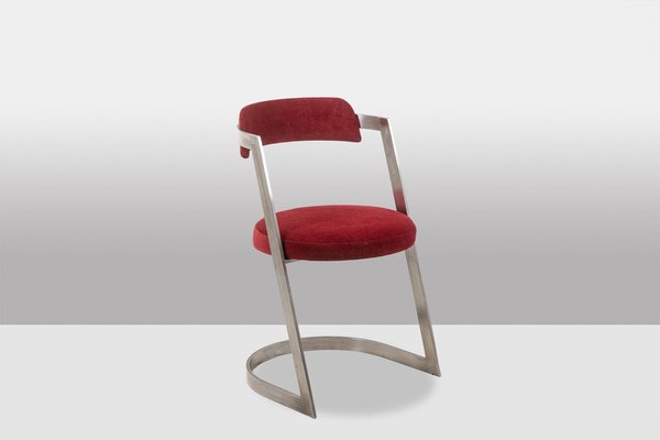 Dining Chairs in Brushed Metal and Red Fabric. 1970s Set of 8 for sale at Pamono