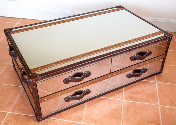 Large Coffee Table Stonyhurst Steamer with Low Drawers in Leather Mirrored Steel Timothy Oulton 2000s