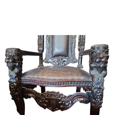 Vintage Hand Carved Throneed Armchairs with Lions Heads Set of 2