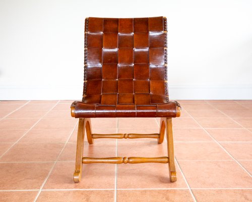 Mid Century Cigar Leather Strap Slipper Lounge Chair attributed to Pierre Lottier for MCM 1960s