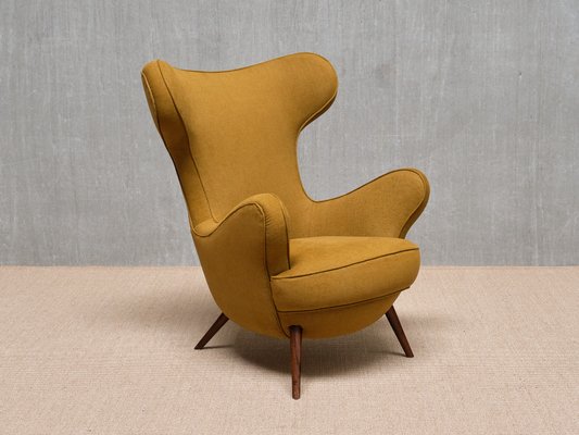 Wingback Chair in Yellow Ochre Fabric and Walnut by Paolo Malchiodi Italy 1940s