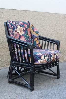 Italian Black Bamboo Floral Fabric Lounge Chair from Vivai del Sud 1970s