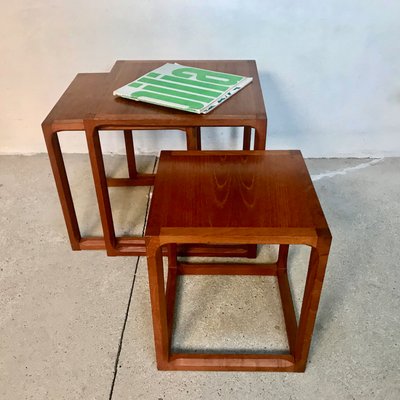 Danish Minimalist Cube Teak Nesting Tables by Aksel Kjersgaard 1960s Set of 3