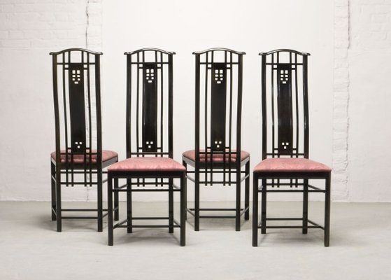 High Back Black Lacquered Dining Chairs with Fabric from Giorgetti 1980s Set of 4 for sale at Pamono
