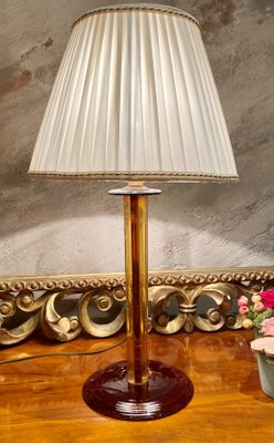 Venetian Amber Colored Blown Murano Glass Table Lamp with White Silk Shade 1950s