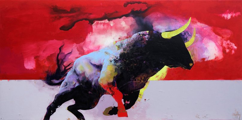 Entre Ciel Et Terre Red Contemporary Abstract and Bold Colors Painting with Bull 2018 for sale at Pamono