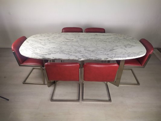 Marble Table and 6 Chairs Set of 7 for sale at Pamono
