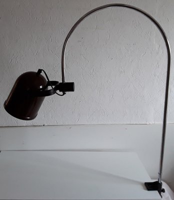 Vintage Adjustable Arc Desk Lamp in Chromed Tubular Steel and Black and Brown Plastic from Enco 1970s