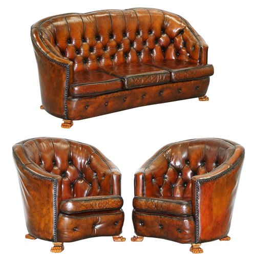 Braunes Leder Chesterfield Sofa & Sessel mit Löwe Behaarten Pfotenfüßen ...