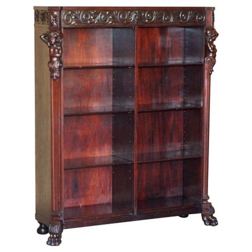 Hand Carved Bookcase in Hardwood with Herm Statues, 1900s for sale at ...