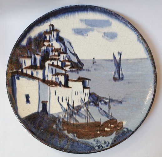 Large Ceramic Plate Depicting Boats in Harbor for sale at Pamono