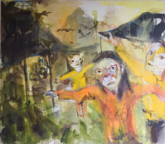 Sabrina Shah, Figures with Masks and Birds, 21st-Century, Oil on Canvas ...