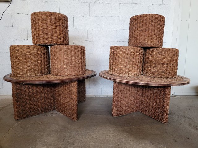 Poufs and 2 Round String Tables and Rattins, Set of 6 for sale at Pamono
