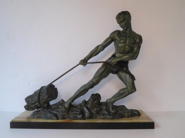 Art Deco Green Patinated Metal and Marble Sculpture of Man Pulling ...