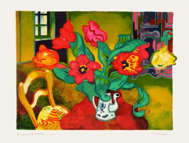 Guy Charon, Tulipes sur le guéridon, 1975, Lithograph for sale at Pamono