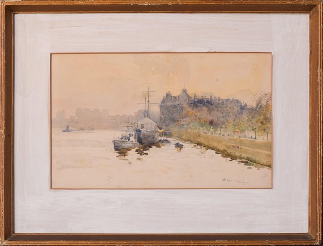 Impressionist Temple Pier London, 1910s, Watercolour on Canvas, Framed ...