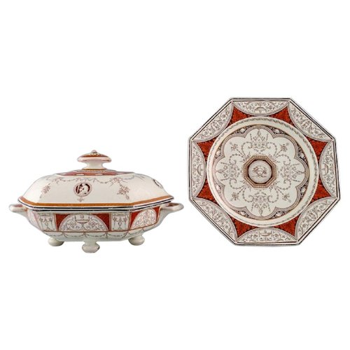 Antike englische Terrine und Teller aus Porzellan mit Deckel, 2er Set ...