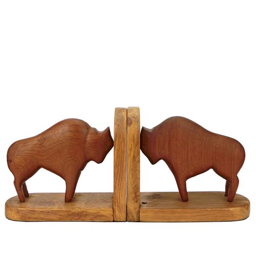 Teak and Oak Buffalo / Bison Bookends, 1960s, Set of 2 for sale at Pamono