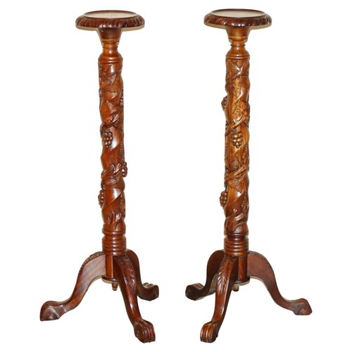 Hand Carved Fruitwood Vine Display Stands with Claw and Ball Feet, Set ...