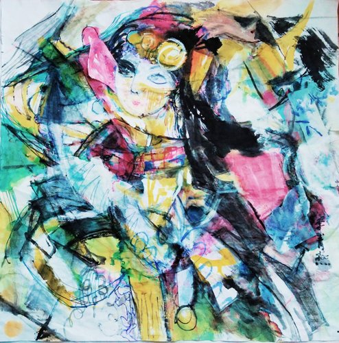 Li Qing-Yan, Girl With a Cat, 2022, Ink on Paper for sale at Pamono