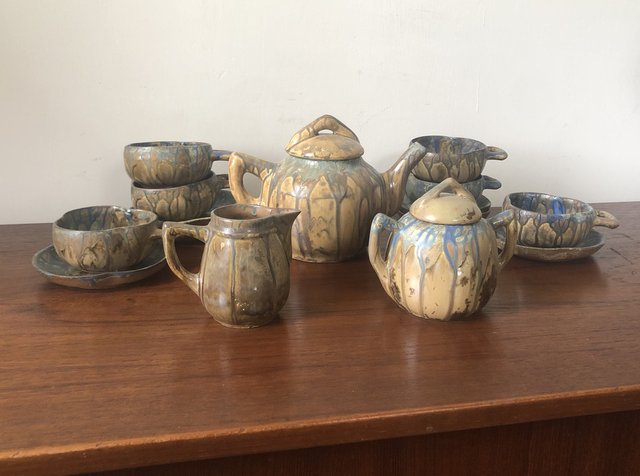 Art Nouveau Blue Running Glaze Tea Service, Set of 9 for sale at Pamono