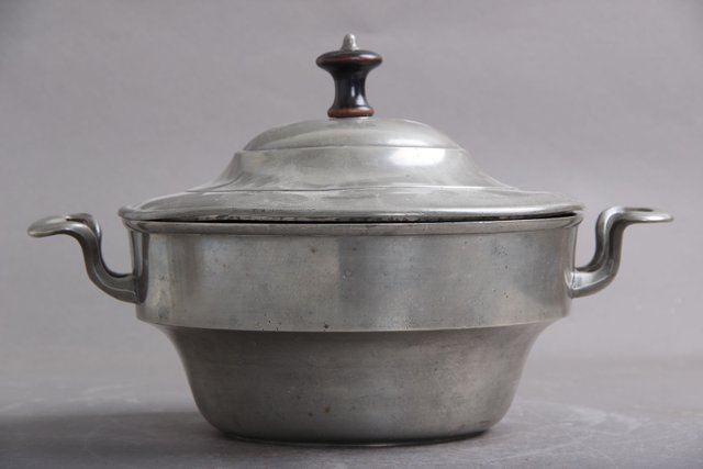 Large Vintage Pewter Pot with 2 Handles & Lid with Wooden Handle for ...