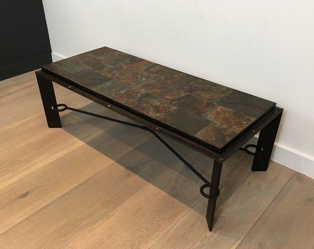 Steel and Wrought Iron Coffee Table with Lava Stone Tray for sale at Pamono
