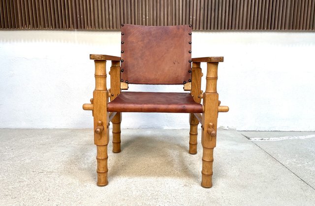 South American Brutalist Leather & Oak Safari Chair, Colombia, 1960s ...
