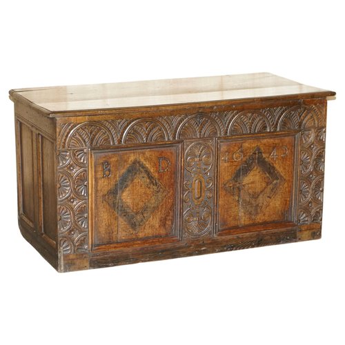 Charles I Jacobean Hand Carved English Oak Linen Trunk, 1642 for sale ...