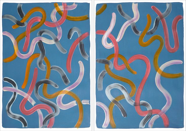 Natalia Roman, Tame Strokes auf Blau, Rosa und Gelb Diptychon, 2022, Acryl auf Aquarellpapier ...