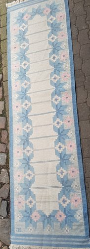 Long Swedish Blue and White Röllakan Rug by Elsa Ekholm, 1950s for sale ...