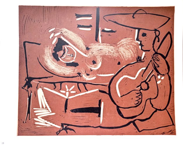 Pablo Picasso, Woman Lying in Bed and Guitarist 2, Original Linocut, 1962 for sale at Pamono
