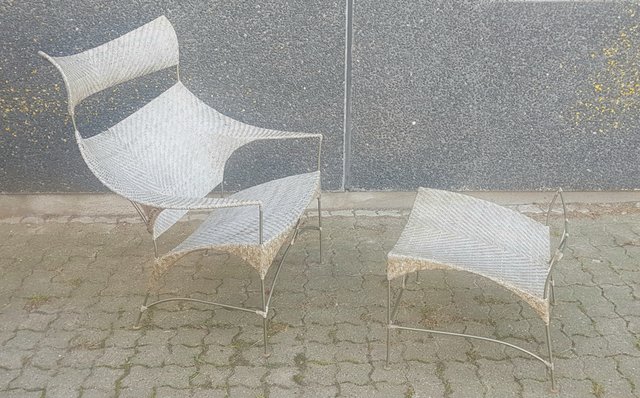Set of Japanese Rattan Armchair with Footstool for sale at Pamono