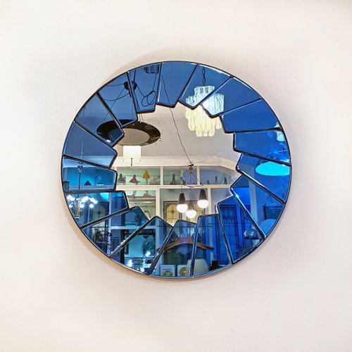 Mid-Century Modern Italian Blue Round Mirror with Glass Frame, 1960s ...