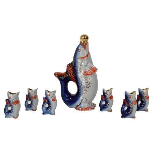 Soviet Fish Decanter and Porcelain Shots Glass, 1950s, Set of 7 for ...