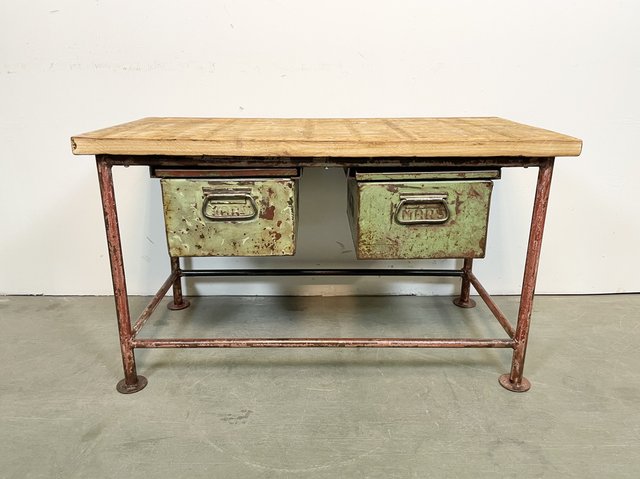 Red Industrial Worktable with Two Green Iron Drawers, 1960s for sale at ...