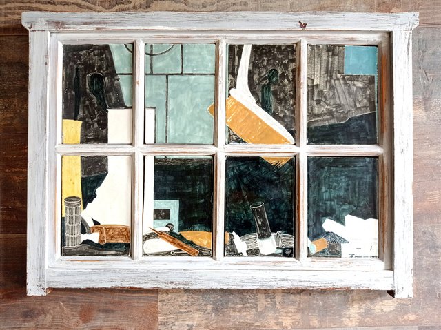 Jackie Lynd, Stillleben am Fenster, 1970er, Farbe auf Keramik, gerahmt ...